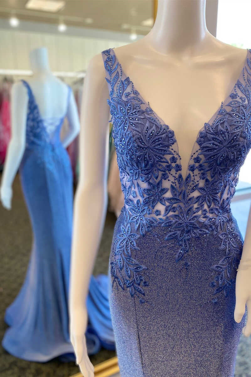 Elegant Periwinkle Plunge V Backless Mermaid Long Formal Gown Blue Pro – Okdresses