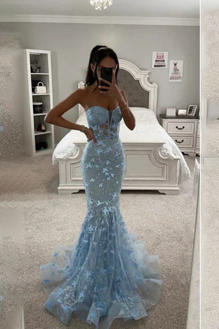 Light Blue Sweetheart Mermaid Long Prom Dresses Formal Evening Dresses – Okdresses