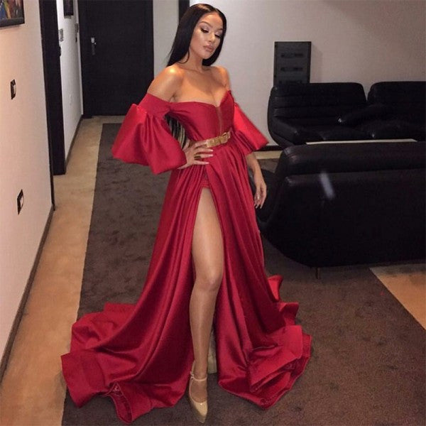 A-Line Off the Shoulder Red Split Front Long Prom Dress with Belt ...