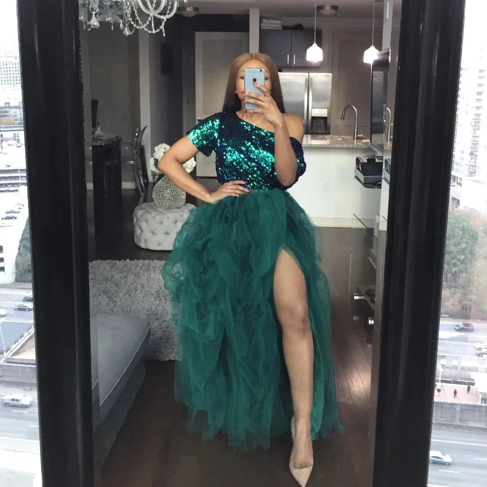High Slit Tulle Puffy A-line Prom Dress Forest Green Long Ruffles Part ...