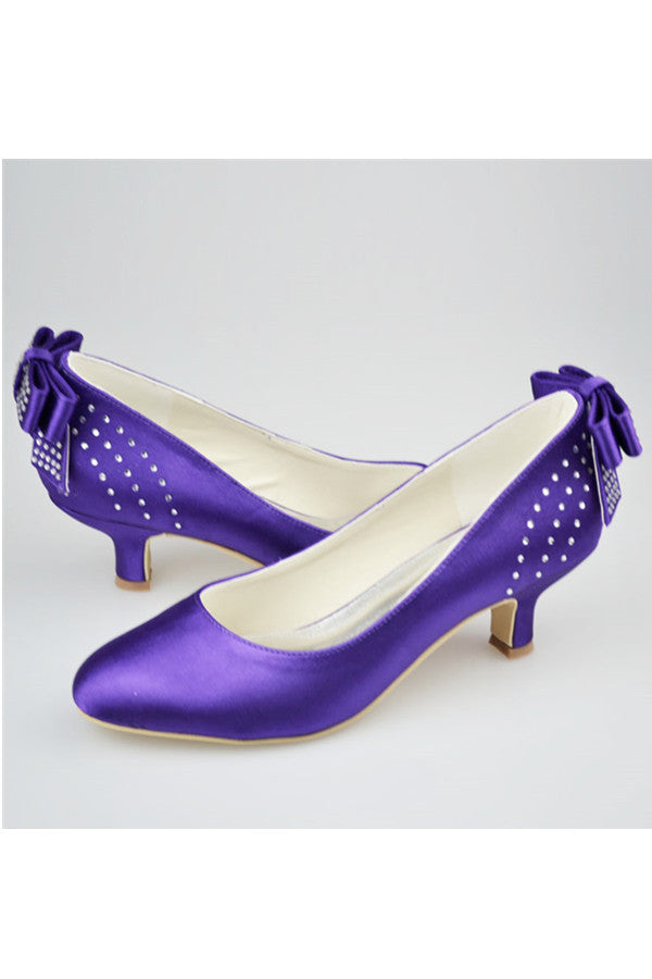 Purple Satin Beading Low Heel Close Toe Women Shoes – Okdresses